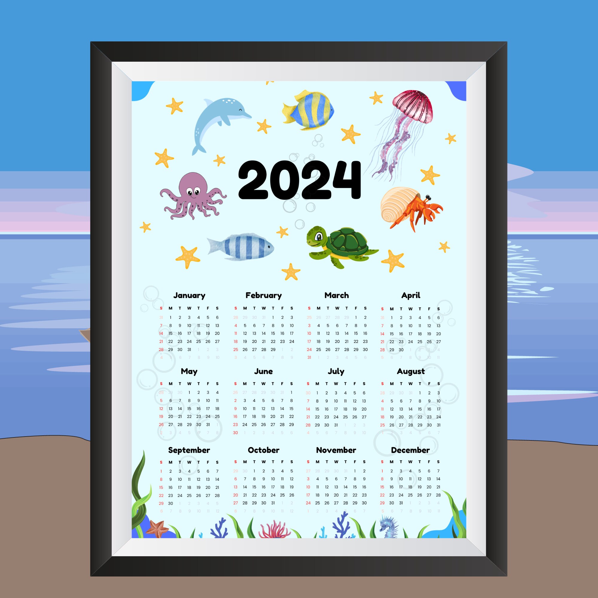 2024 Calendar Printable, Ocean Theme Nursery, Vertical Wall Calendar ...