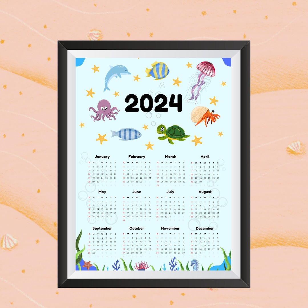 2024 Calendar Printable, Ocean Theme Nursery, Vertical Wall Calendar ...