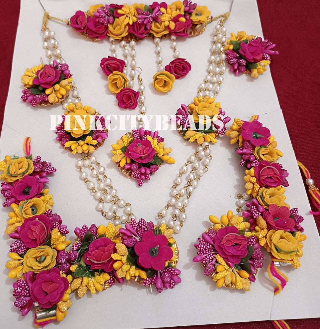Floral Jewelry for Bridal for Haldi Mehndi/ Red Yellow Flower Jewelers ...