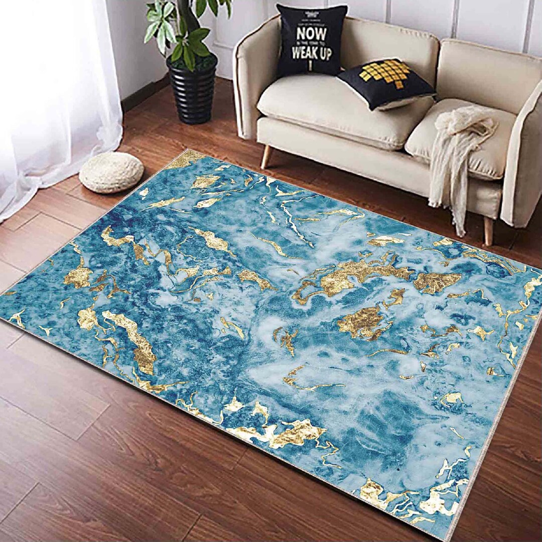 Blue Gold Marble Rug Decor Rugs Marble Rug Blue and Gold - Etsy