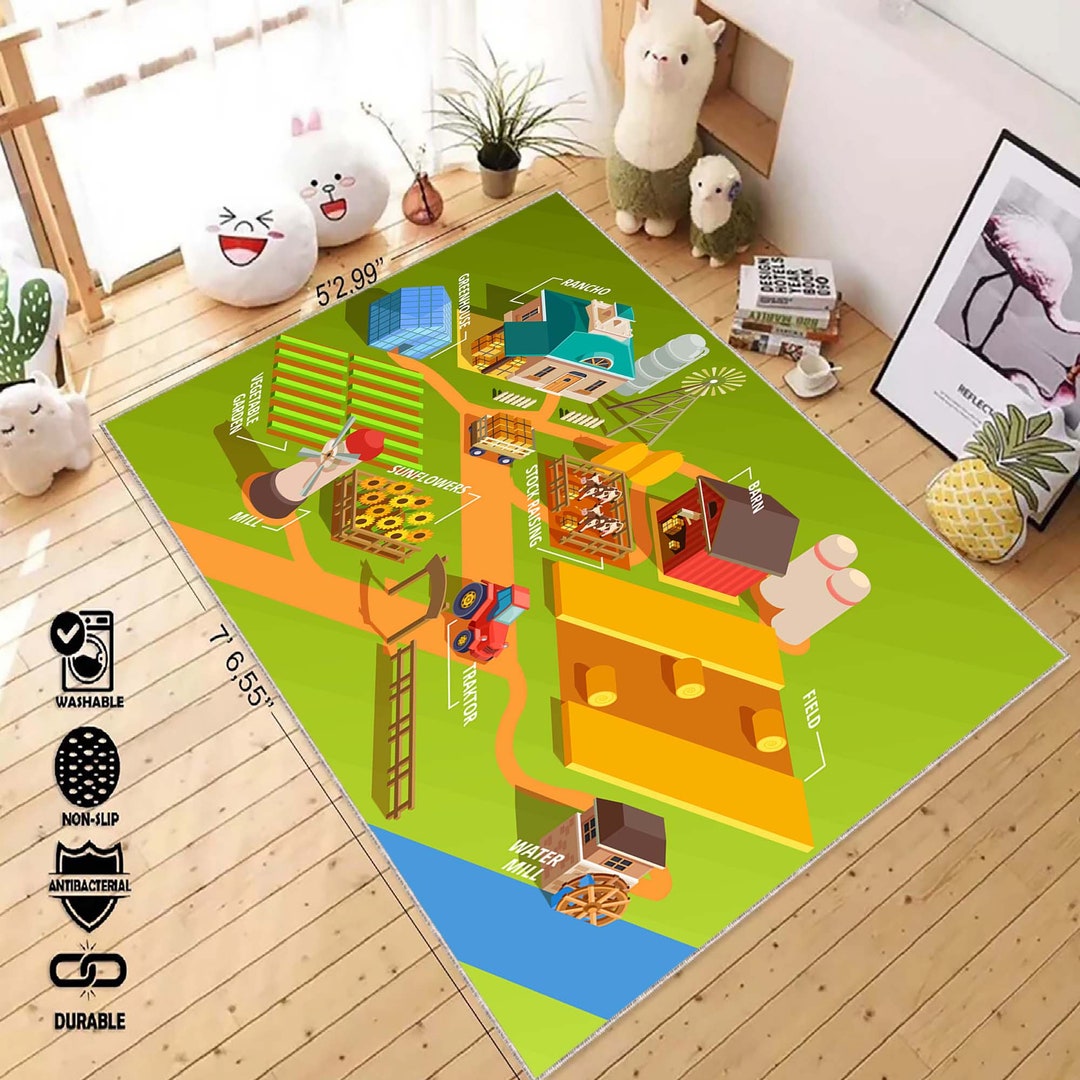 Farm Rug, Kids Room Rug, Farm Roads and Fields Vegetable Themed Nonslip ...
