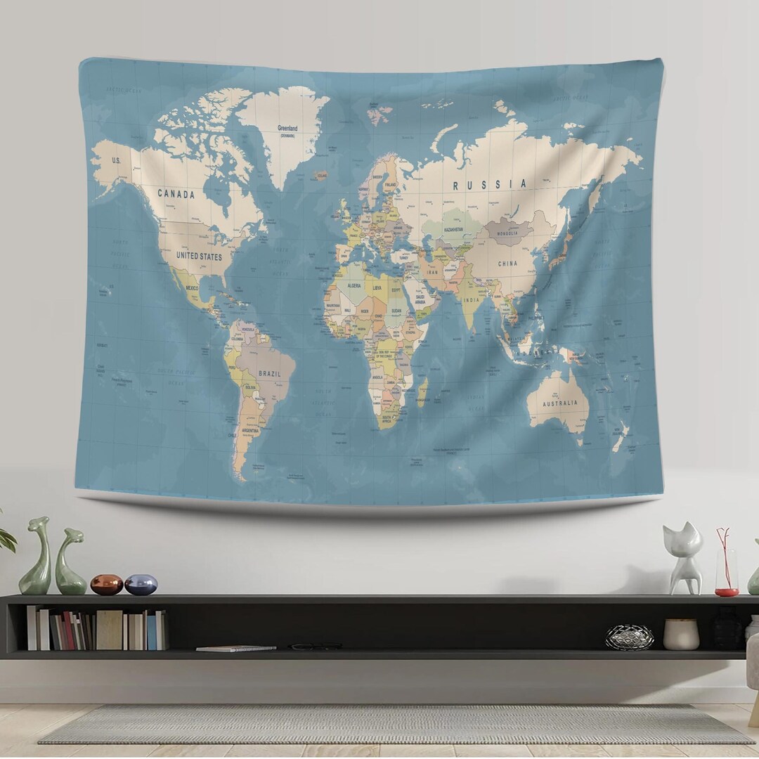 World Map Tapestry, Blue Map Tapestry Wall Hanging, Map Art, World Map ...