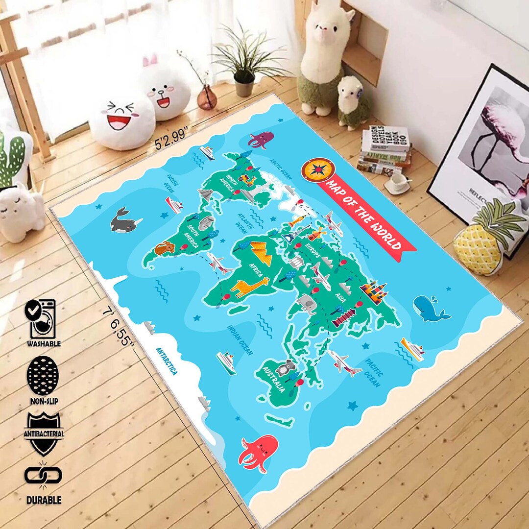 Animal World Map, World Map Rug, for Kids Room Rug, Kindergarten ...