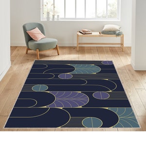 Art Deco Style Area Rug, Flat Design Art Deco, Golden Elements on Blue ...