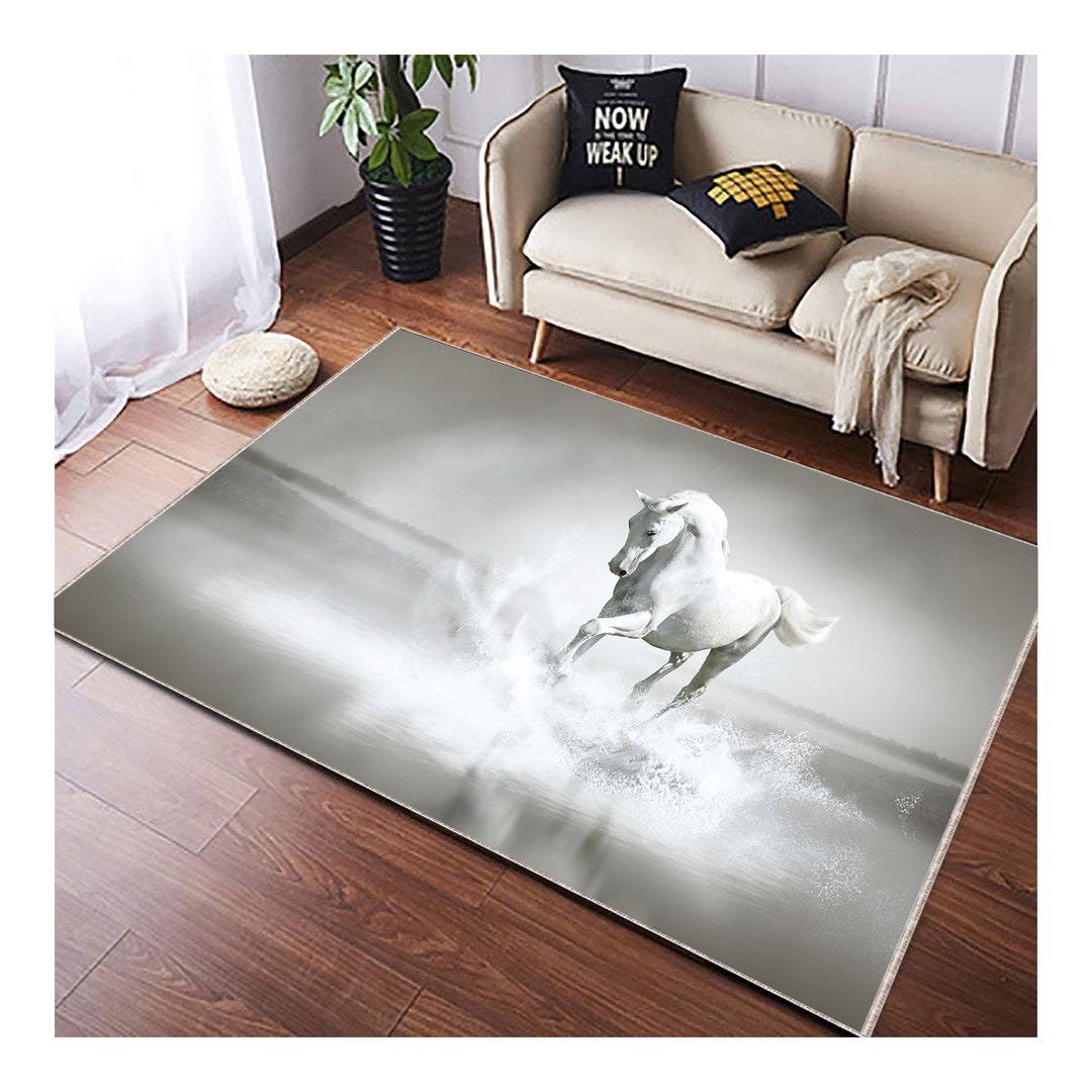 White Horse Rug, White Horse Carpet, Running Horses Patterned, Horse ...