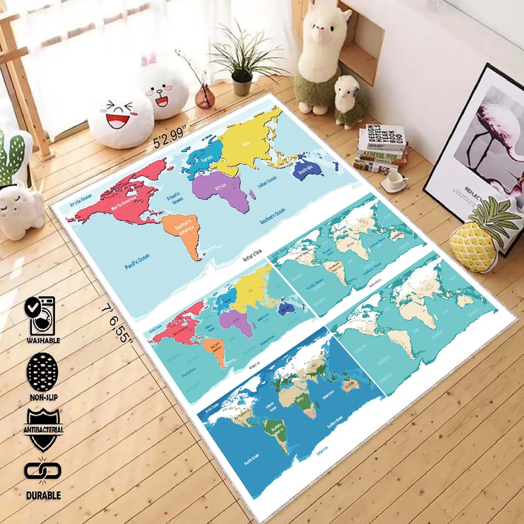 Colorful World Map Divided Continents Rug - Etsy