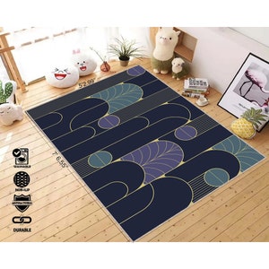 Art Deco Style Area Rug, Flat Design Art Deco, Golden Elements on Blue ...