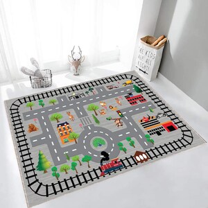 Train Track Patterned Children's Play Rug, Anti Allergic, Machine ...