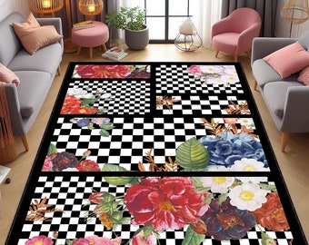 Checkered Rug, Black Border on Check Pattern Nonslip Area Rug, Black ...