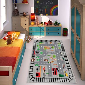 Train Track Patterned Children's Play Rug, Anti Allergic, Machine ...