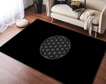 Round Rug Sacred Geometry Flower of Life Blue Round Carpet Spiritual ...