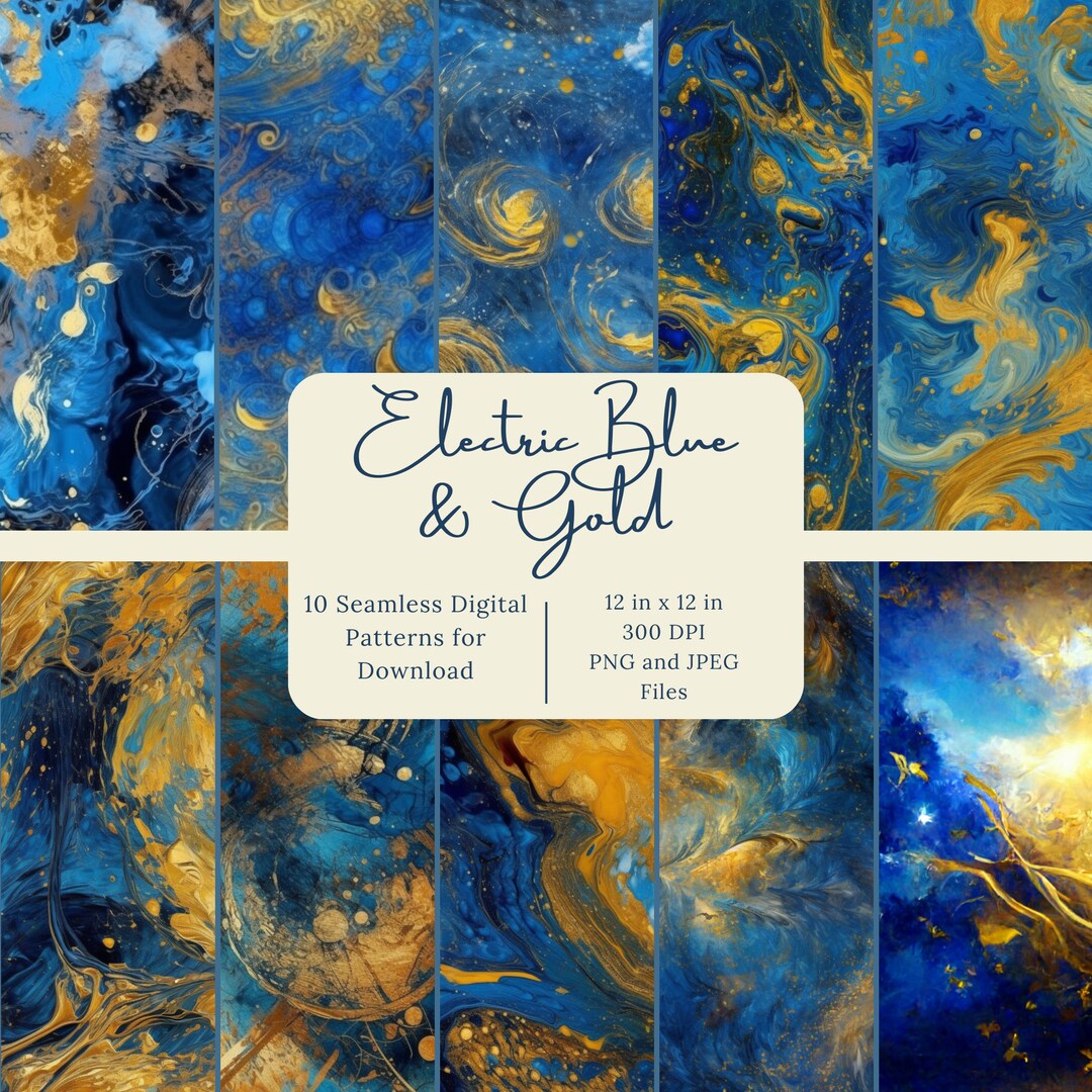 Electric Blue and Gold Seamless Digital Pattern Set Commercial Use ...