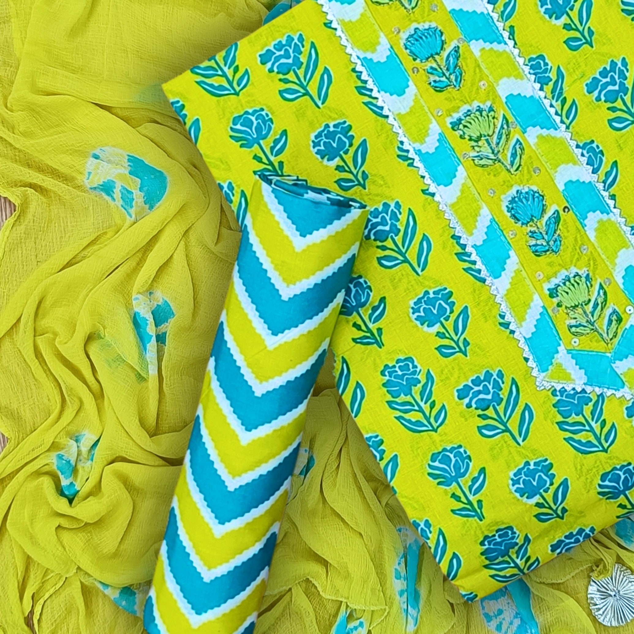 Yelow Color Unstitched Floral Hand Block Print Indian Handmade 100% ...