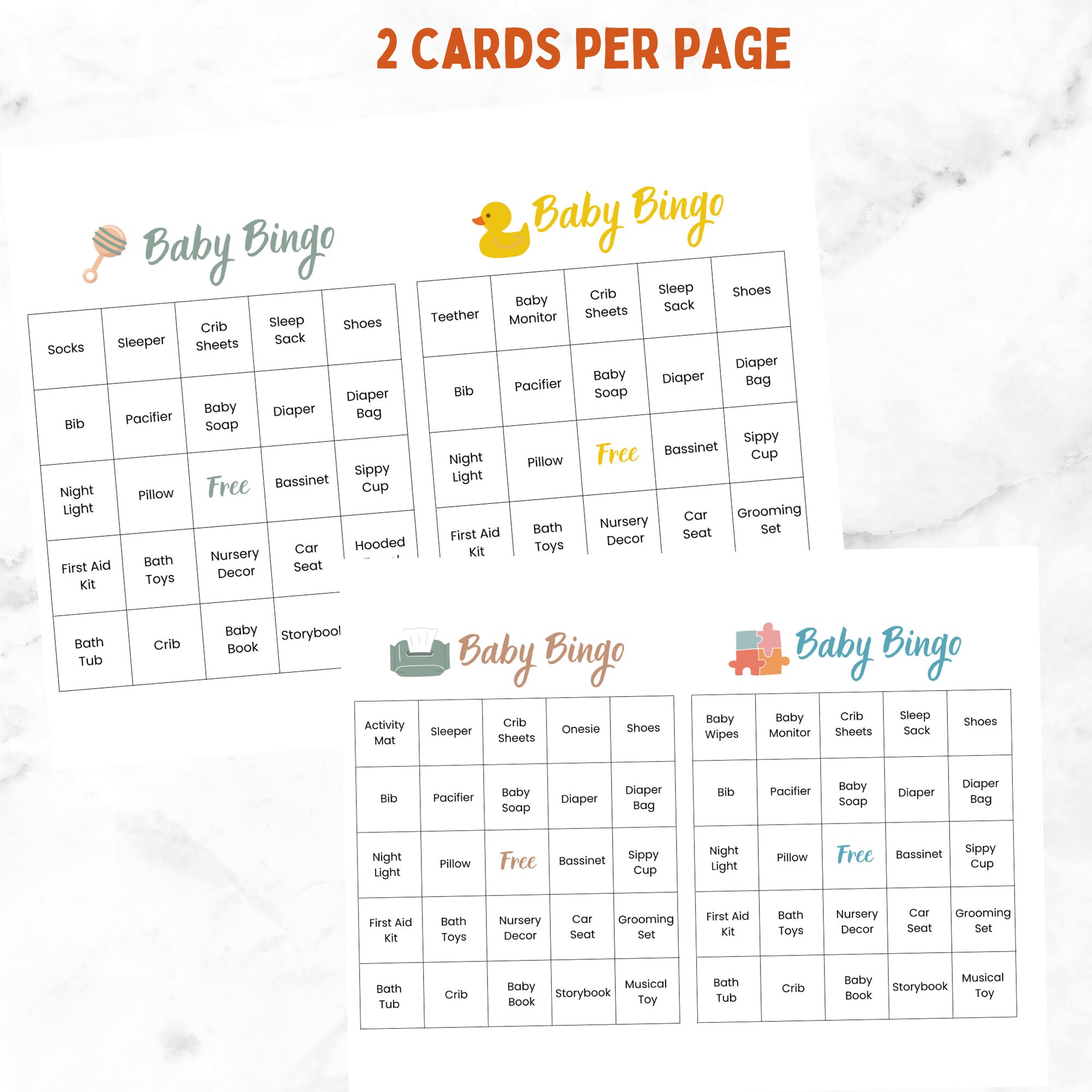 60 Baby Shower Bingo Cards | Unique Prefilled Baby Bingo Game Cards ...
