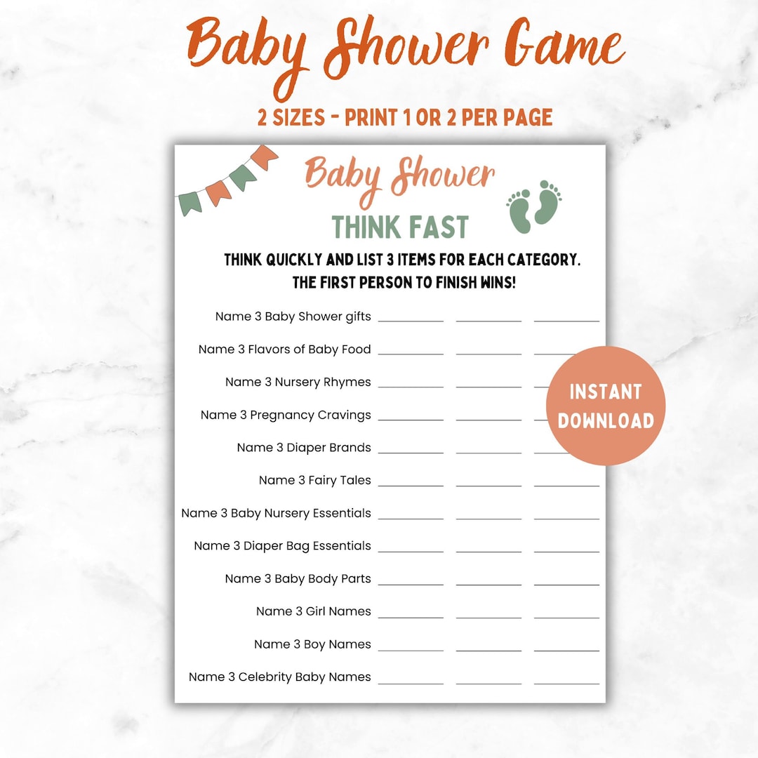 Think Fast Baby Shower Game: Printable Activity (instant Download ...