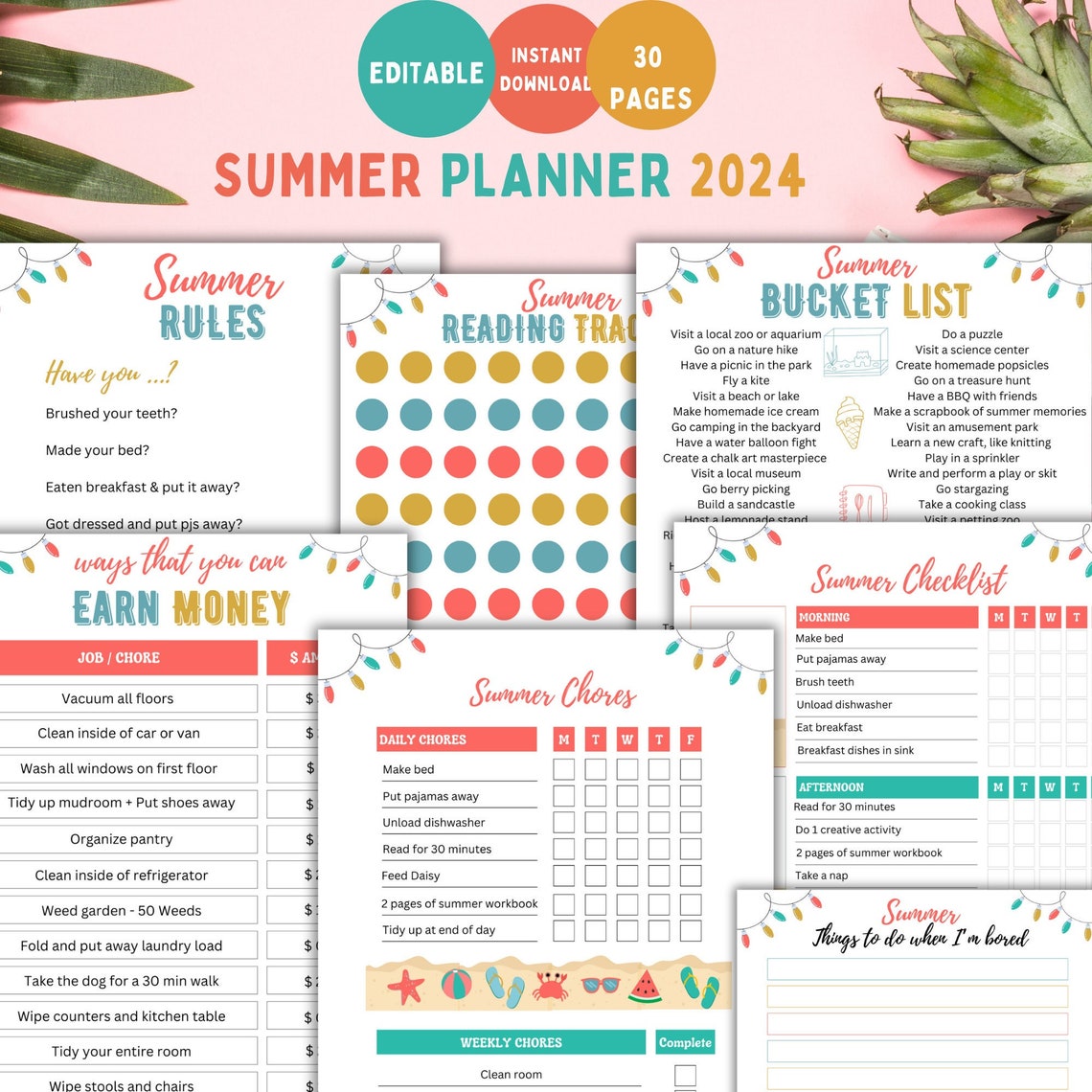 Summer 2024 Planner Bundle Printable Editable | Summer Calendar ...