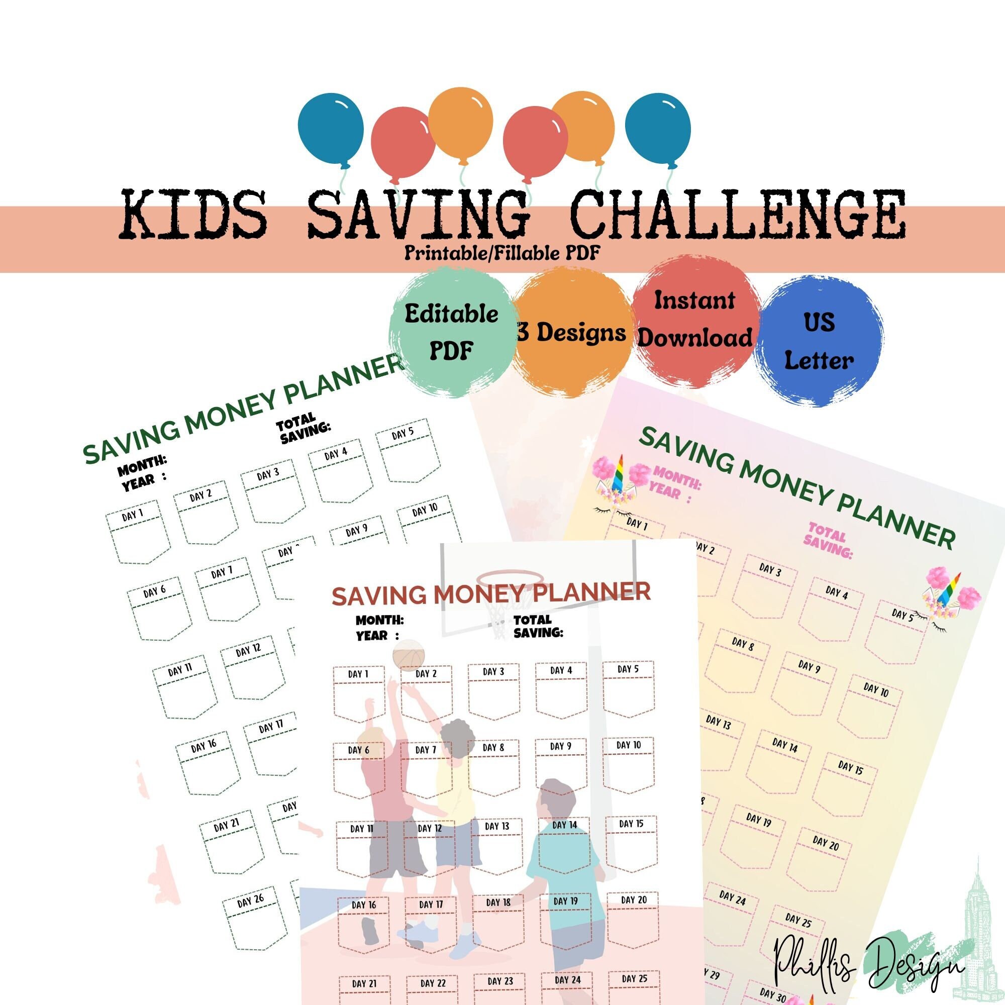 Kids Money Saving Challenge | Challenge Tracker | Saving Challenge ...