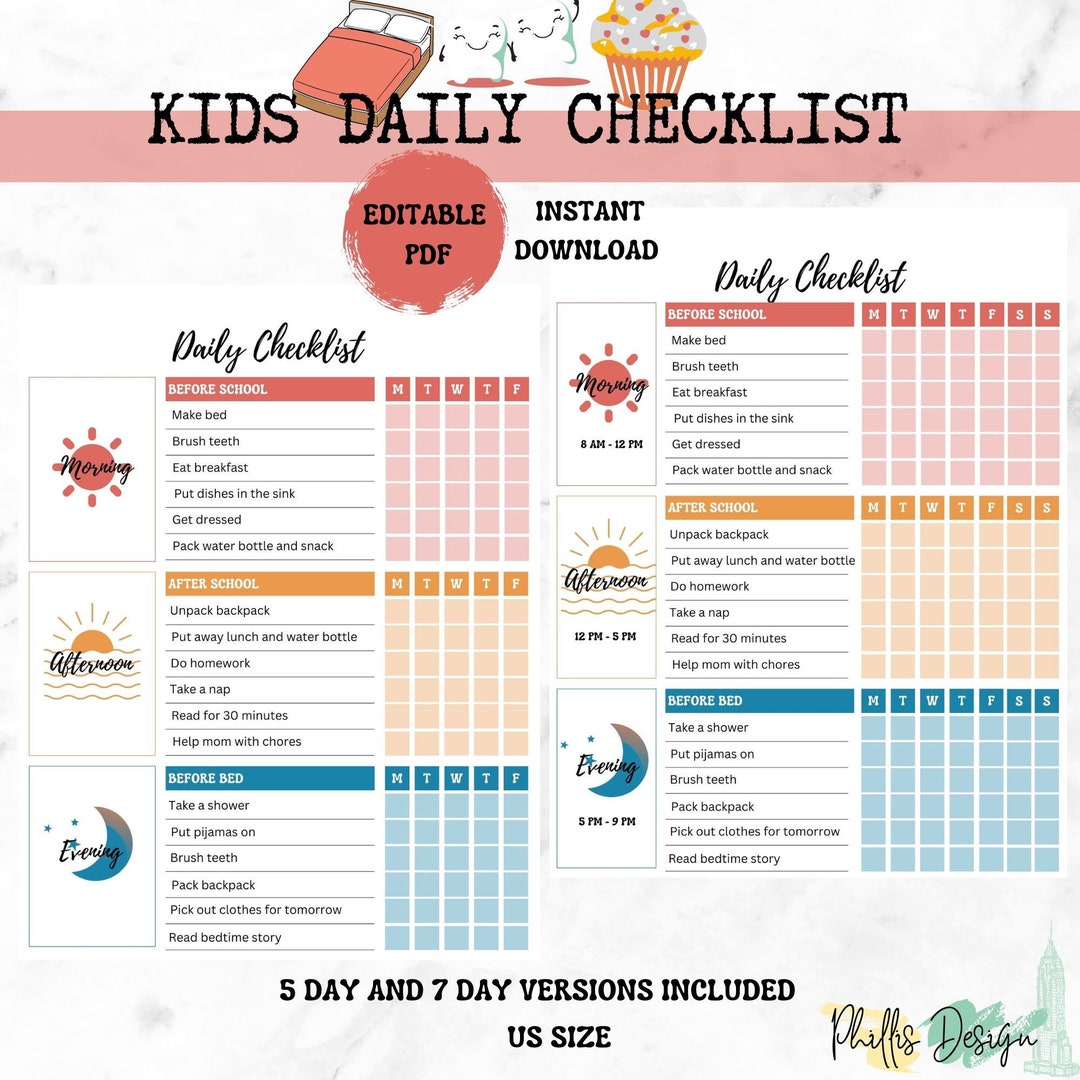 Kids Daily School Checklist Schedule Printable Editable - Etsy