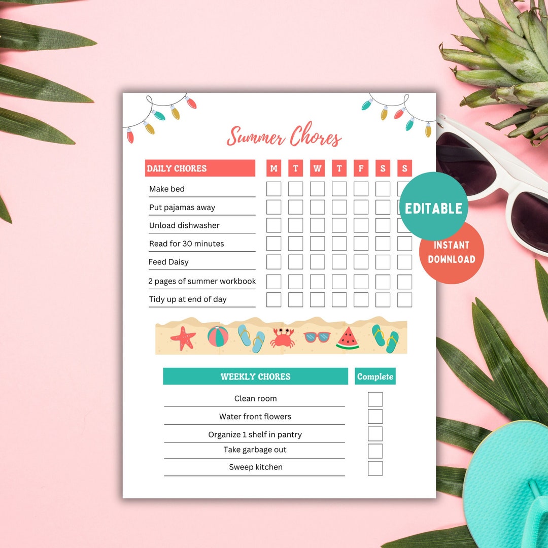 Printable Summer Chore Chart: Editable Kids Responsibility Chart ...