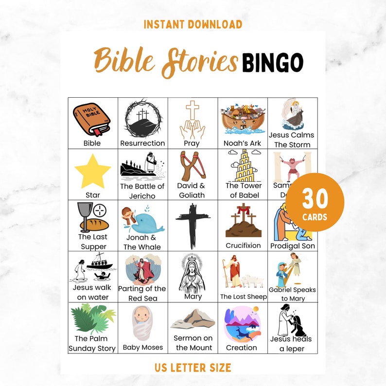 Bible Stories Bingo Game: 30 Printable Cards (digital Download) - Etsy