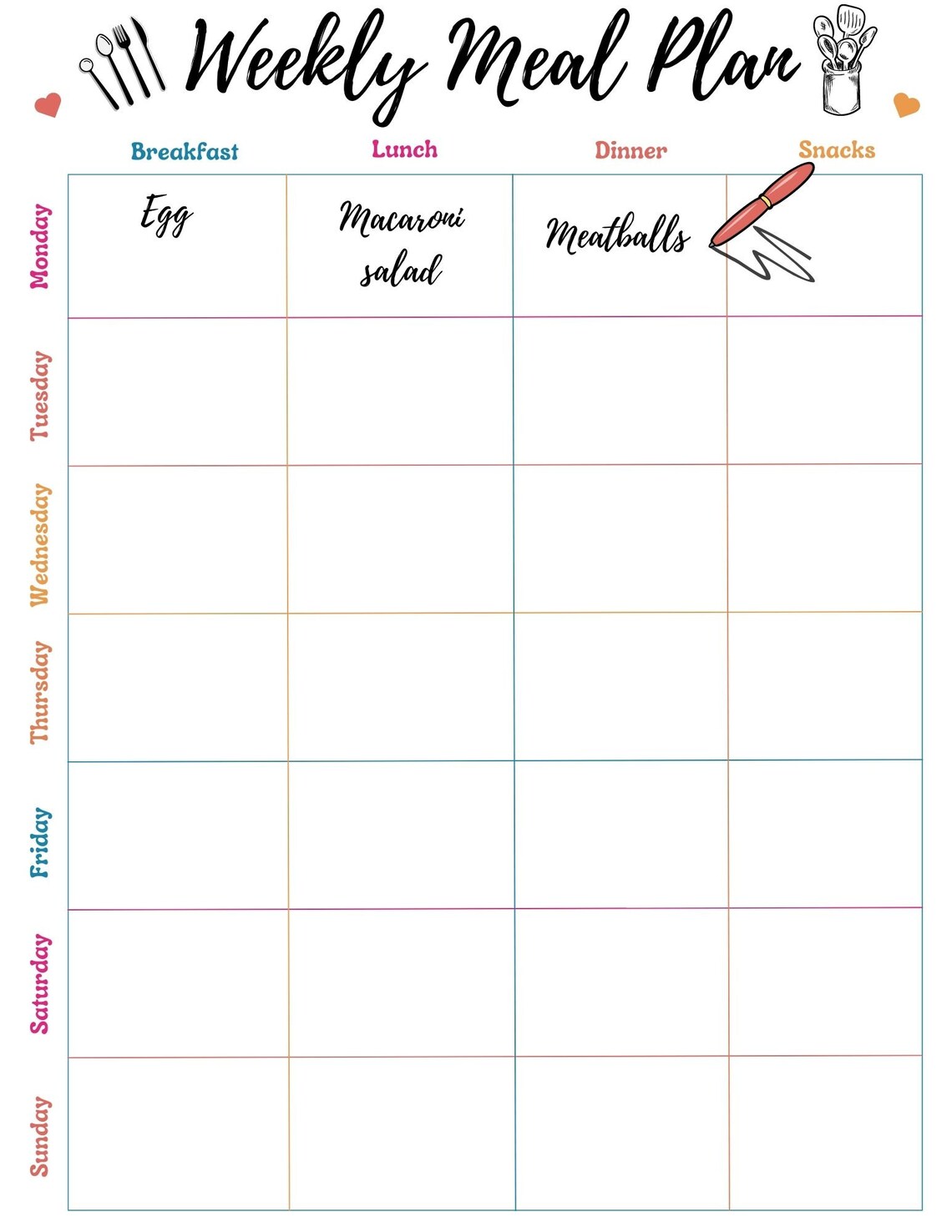 Weekly Meal Planner Food Planner Printable Meal Planner Recipe Page ...