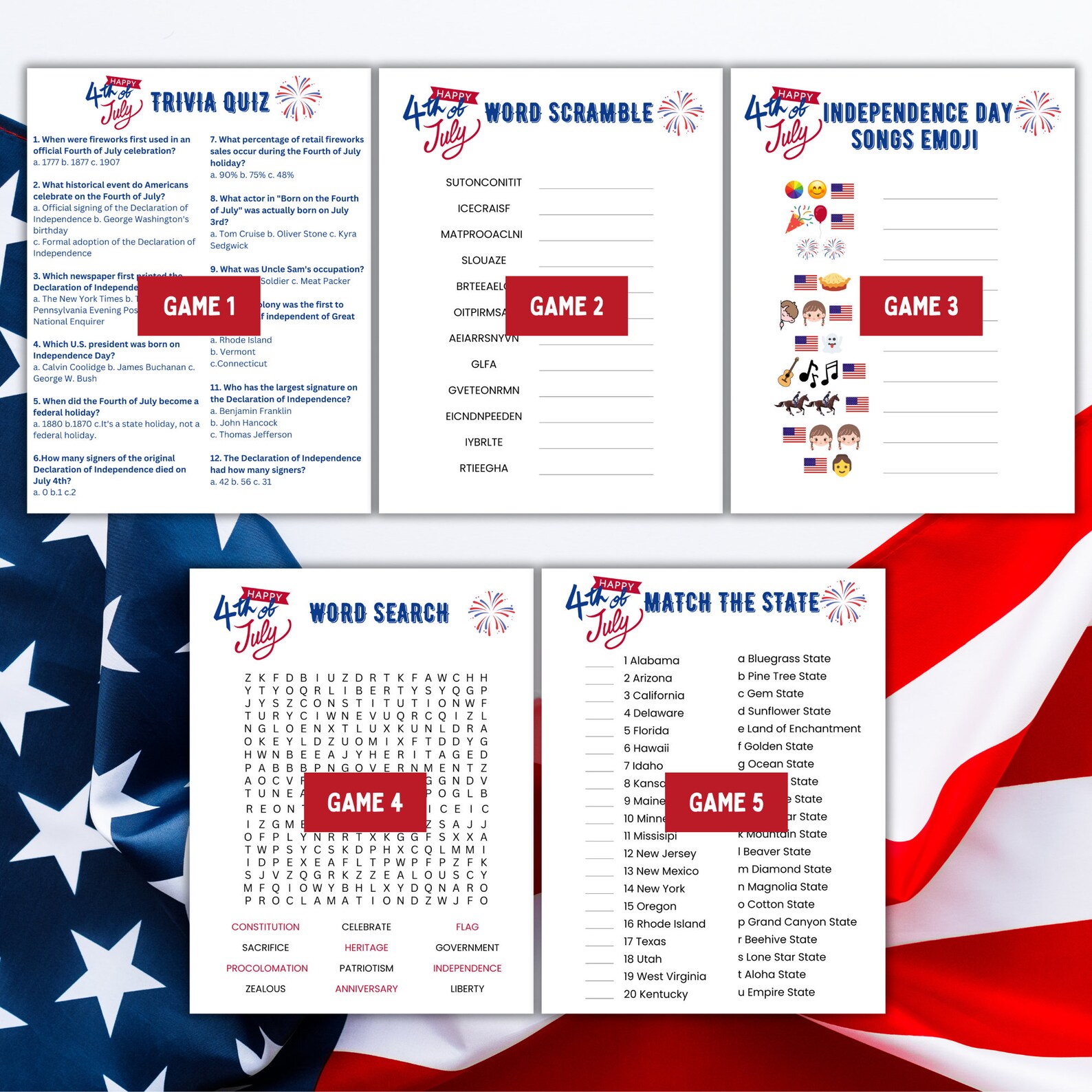 4th of July Games Bundle: Patriotic Printable Trivia (PDF Download) - Etsy