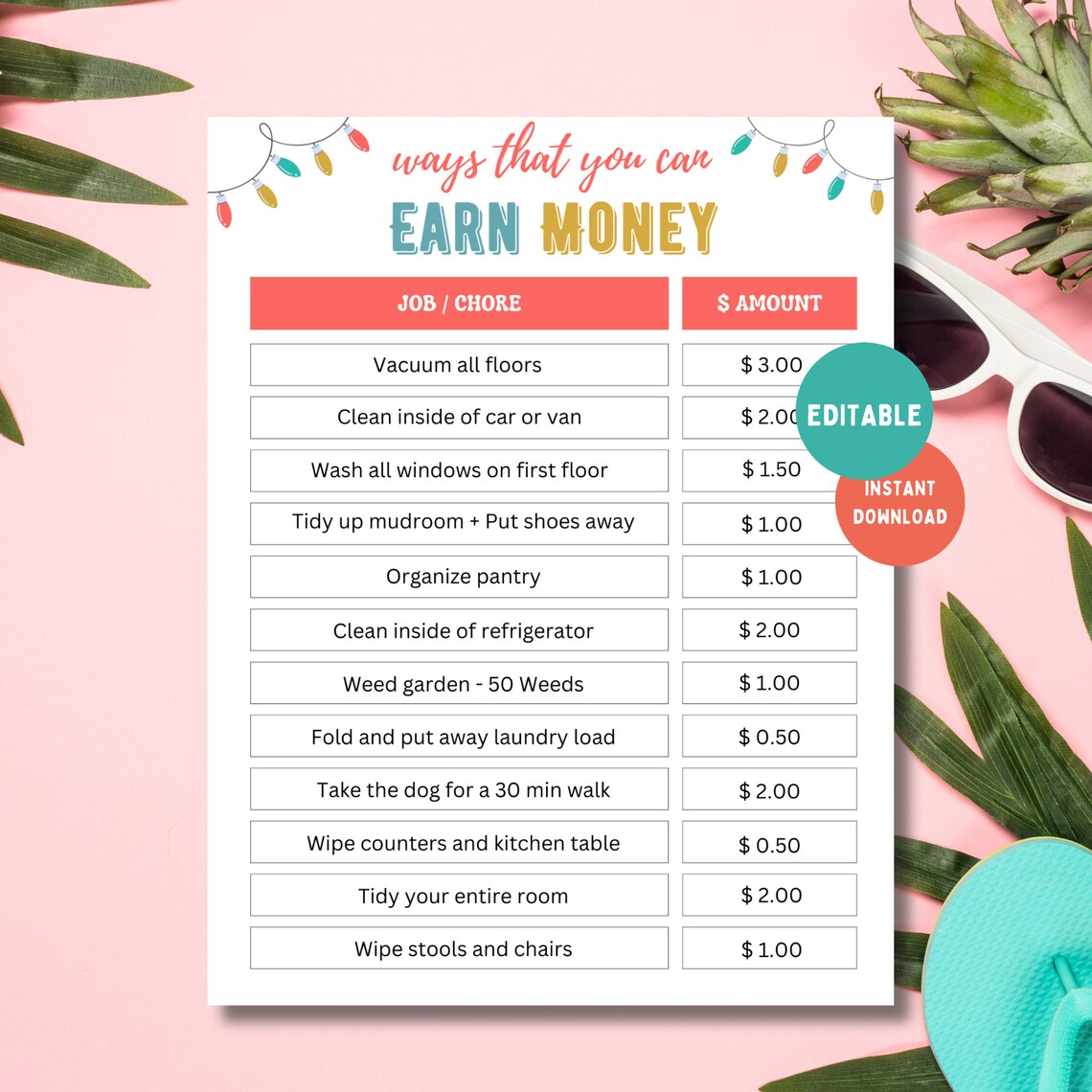 Editable Kids Chore Chart: Ways to Earn Money (digital Download) - Etsy