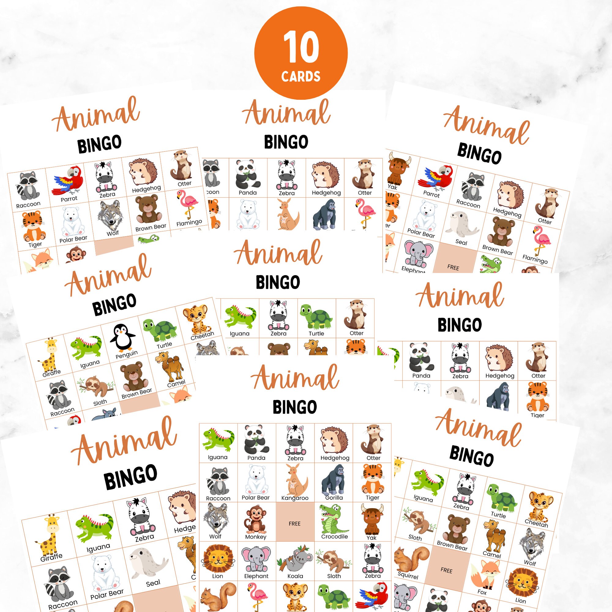 Animal Bingo | 10 Printable Animal Bingo Cards | Animal Party Game ...