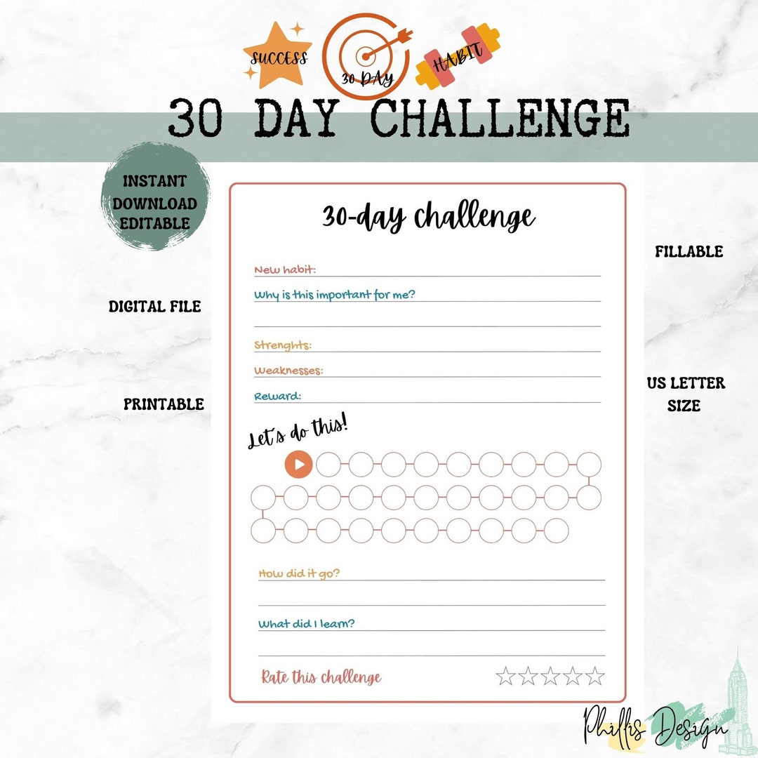 30 Day Challenge | Challenge Tracker | Printable & Fillable PDF | 30 ...