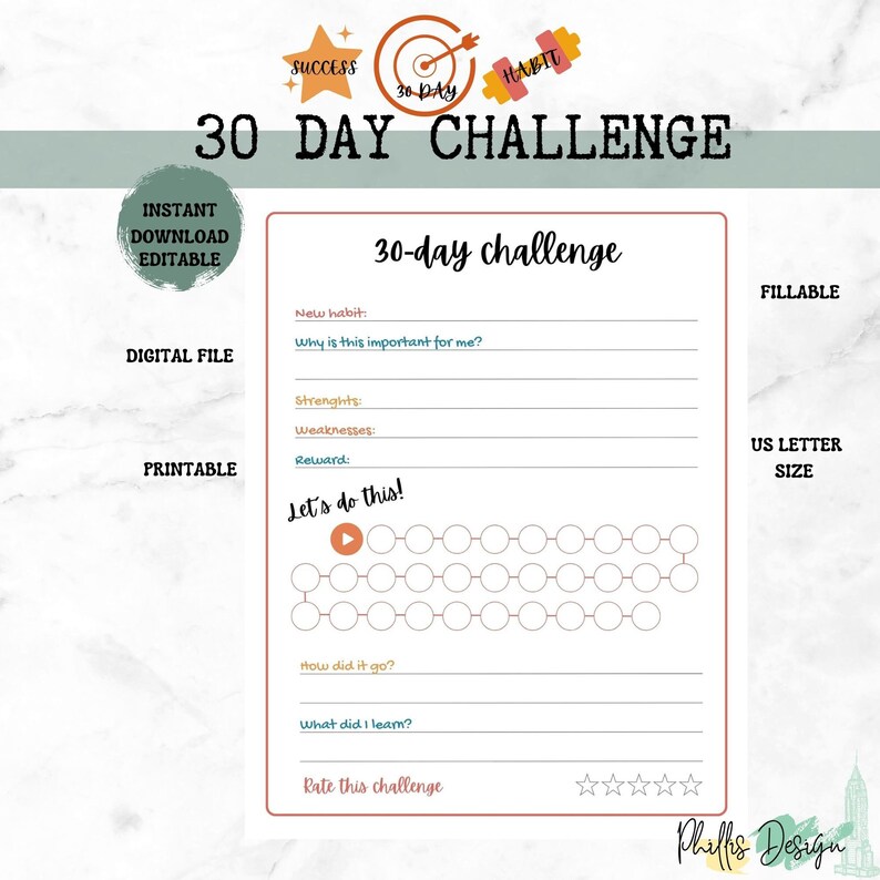 30 Day Challenge Tracker: Printable Habit Tracker (digital Download) - Etsy