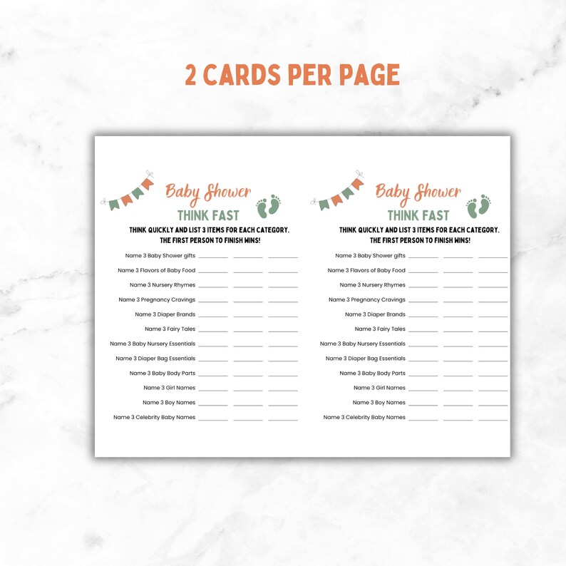 Think Fast Baby Shower Game: Printable Activity (instant Download ...