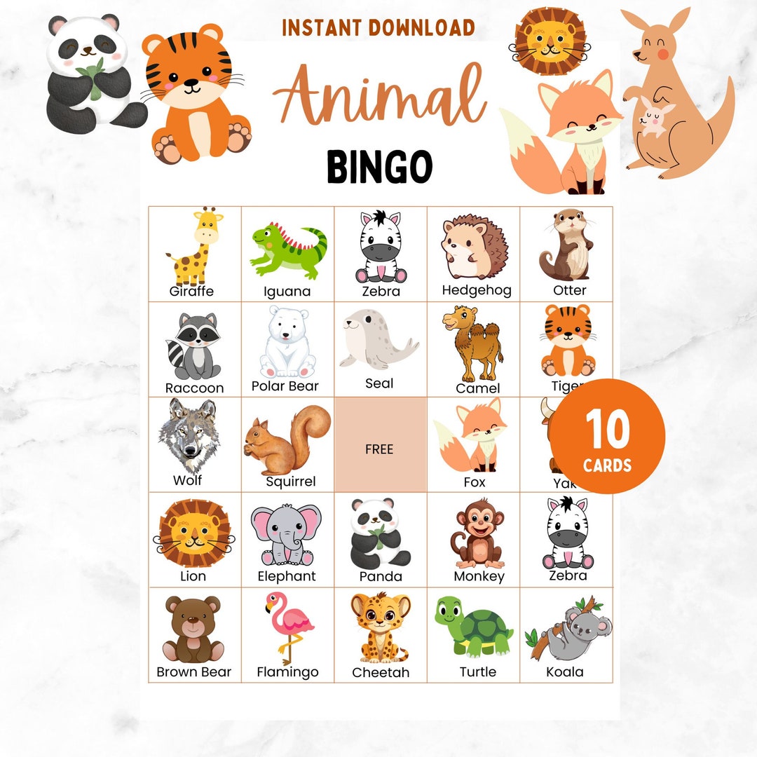 Animal Bingo | 10 Printable Animal Bingo Cards | Animal Party Game ...