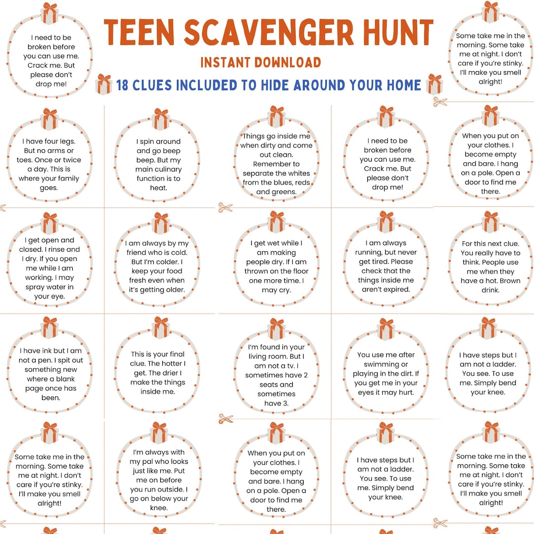 Teen Scavenger Hunt: Indoor Treasure Hunt, 18 Clues (digital Download ...