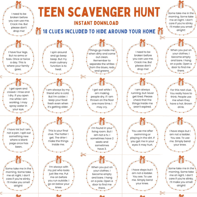 Teen Scavenger Hunt: Indoor Treasure Hunt, 18 Clues (digital Download ...