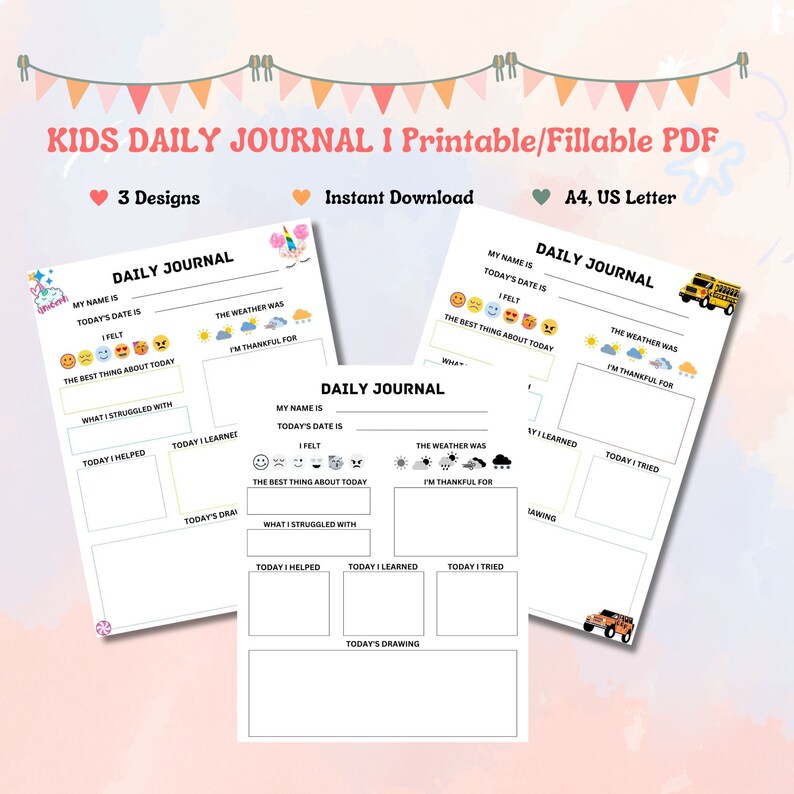 Kids Daily Journal Printable: 3 Designs, Fillable PDF (digital Download ...