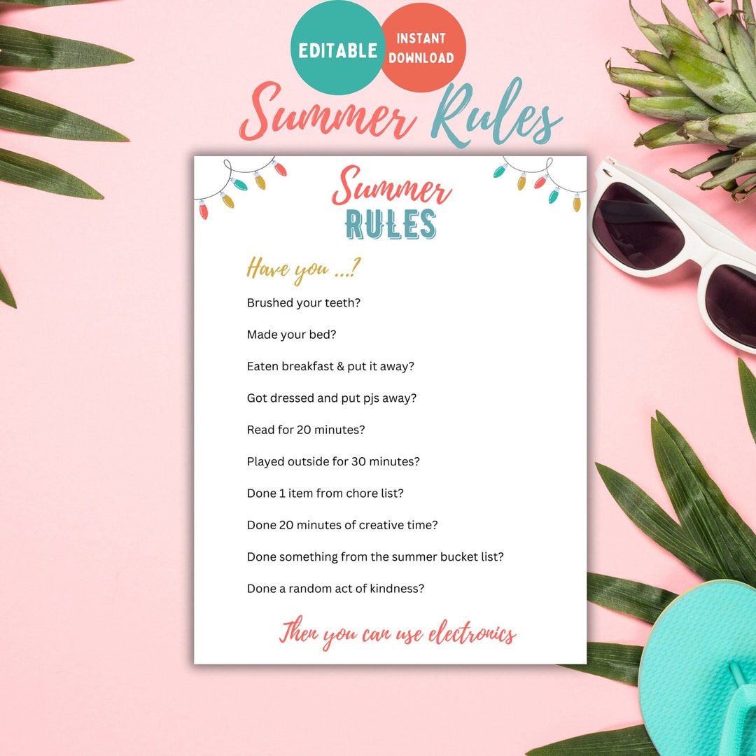 Rules for Kids Printable Summer| Chore Chart for Kids | Summer Rules ...