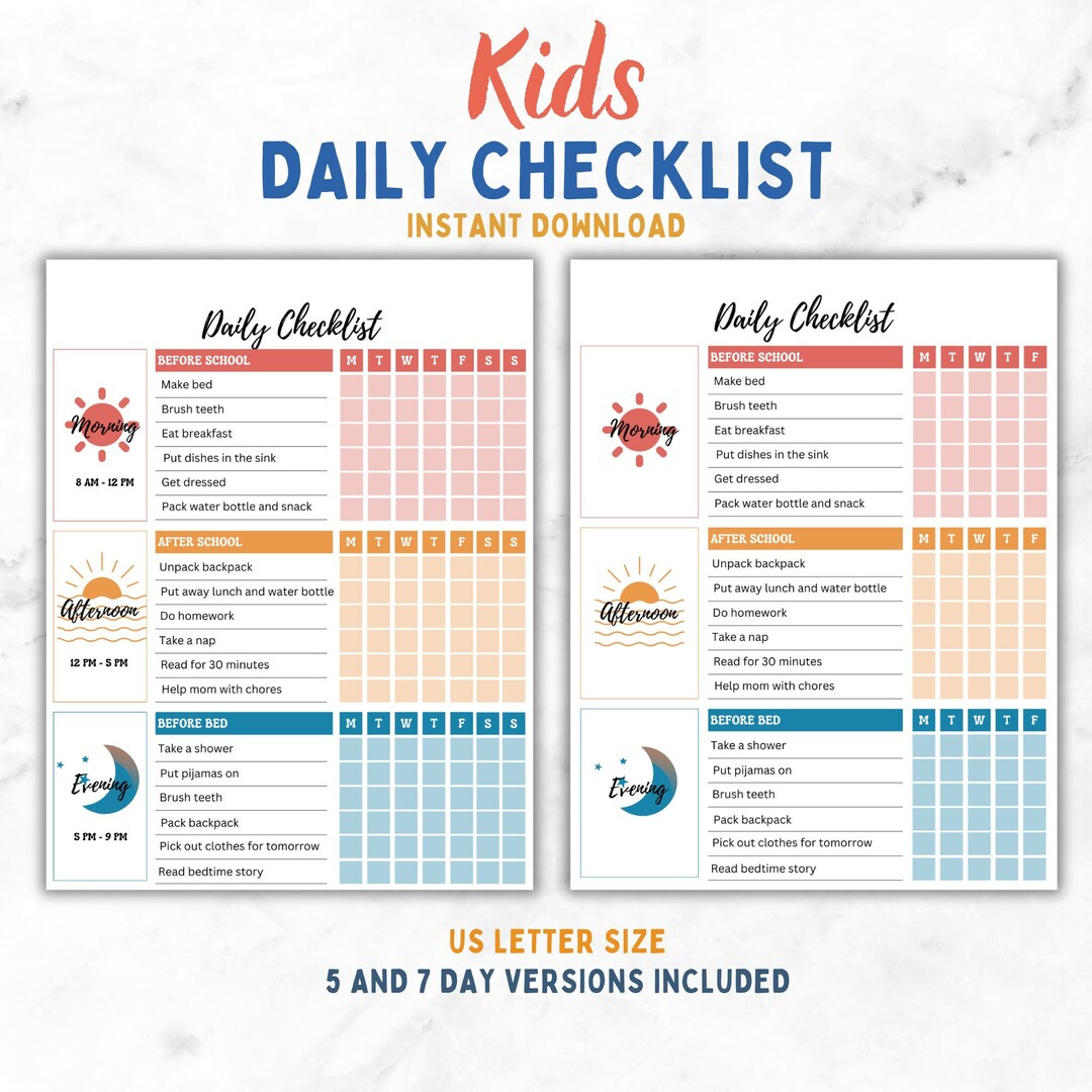 Kids Daily School Checklist Schedule Printable | Fillable Chore Chart ...