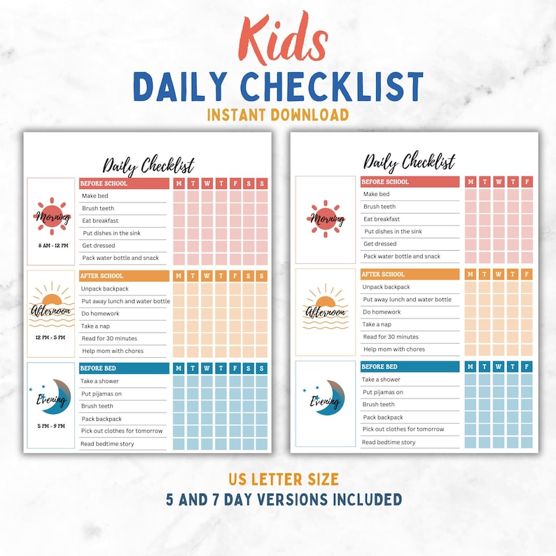 Kids Daily School Checklist Schedule Printable Fillable Chore Chart ...