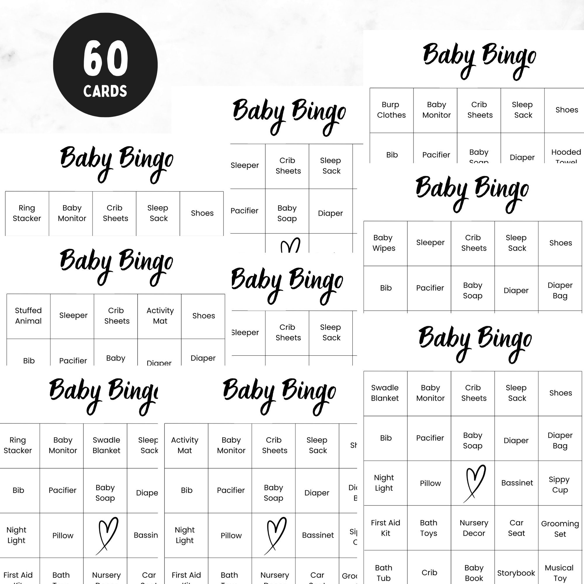 60 Baby Shower Bingo Cards | Unique Prefilled Baby Bingo Game Cards ...