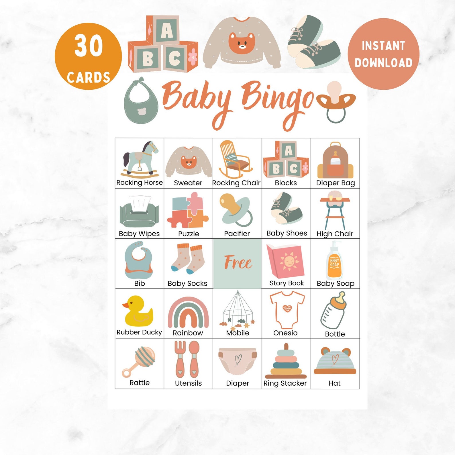 Baby Bingo | 30 Baby Bingo Cards | Baby Shower Bingo | Baby Shower Game ...