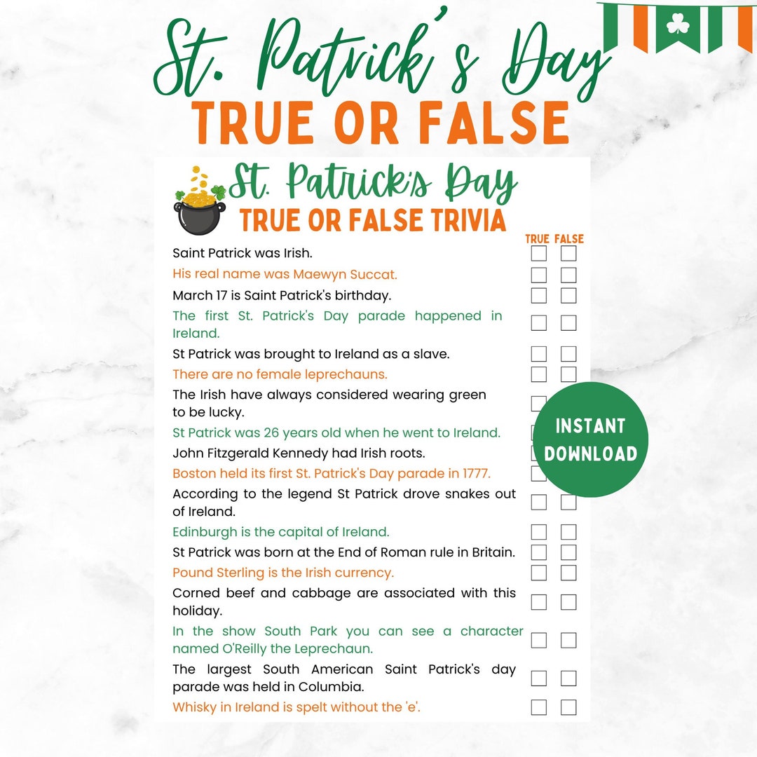 St. Patrick's Day Trivia Game: True or False Printable (US Letter ...