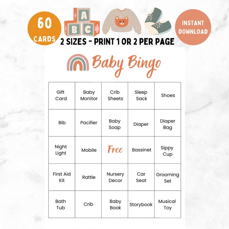 60 Baby Shower Bingo Cards | Unique Prefilled Baby Bingo Game Cards ...