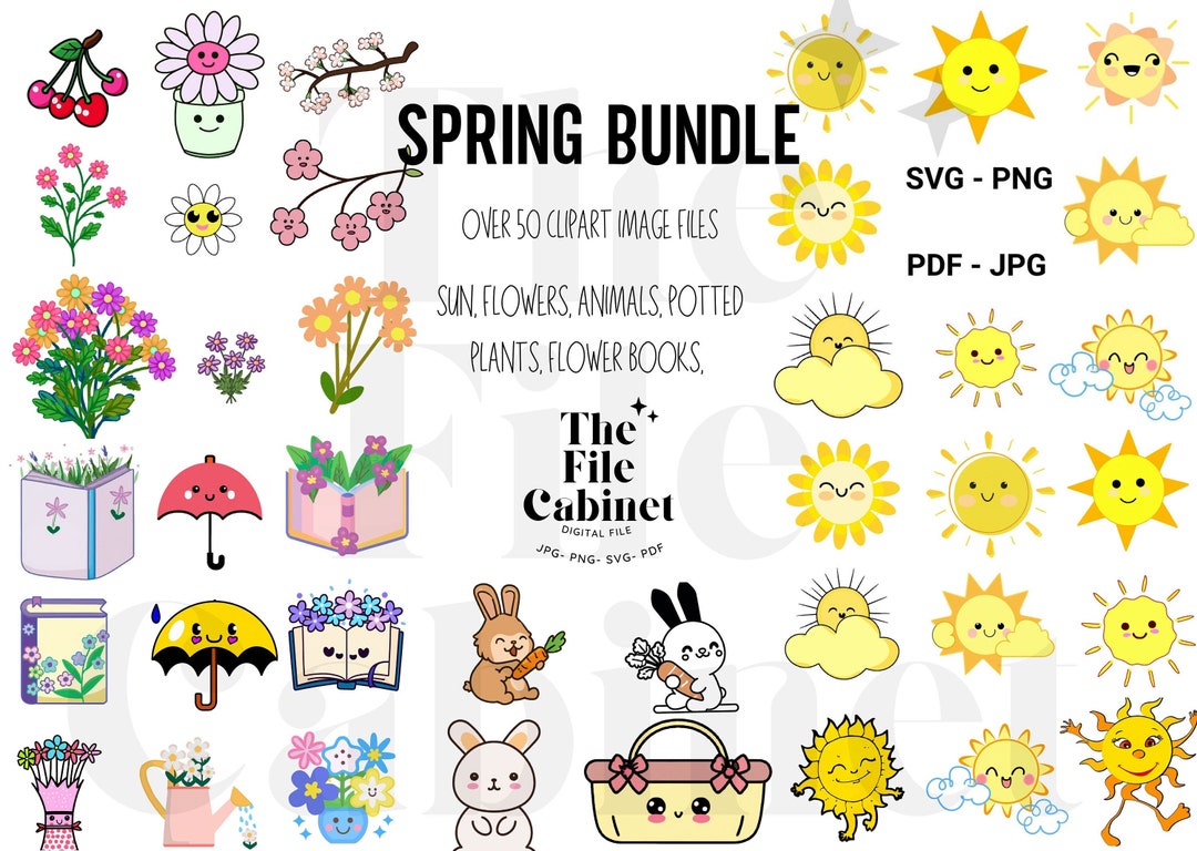 Happy Spring Bundle, Spring Animal Clipart, Sun Svg, Sun Faces Clipart ...