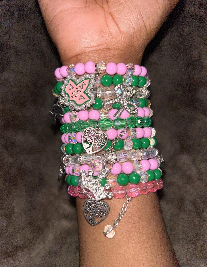 AKA Sorority Bracelet Set: Pink & Green Charm Bracelet Stack - Etsy