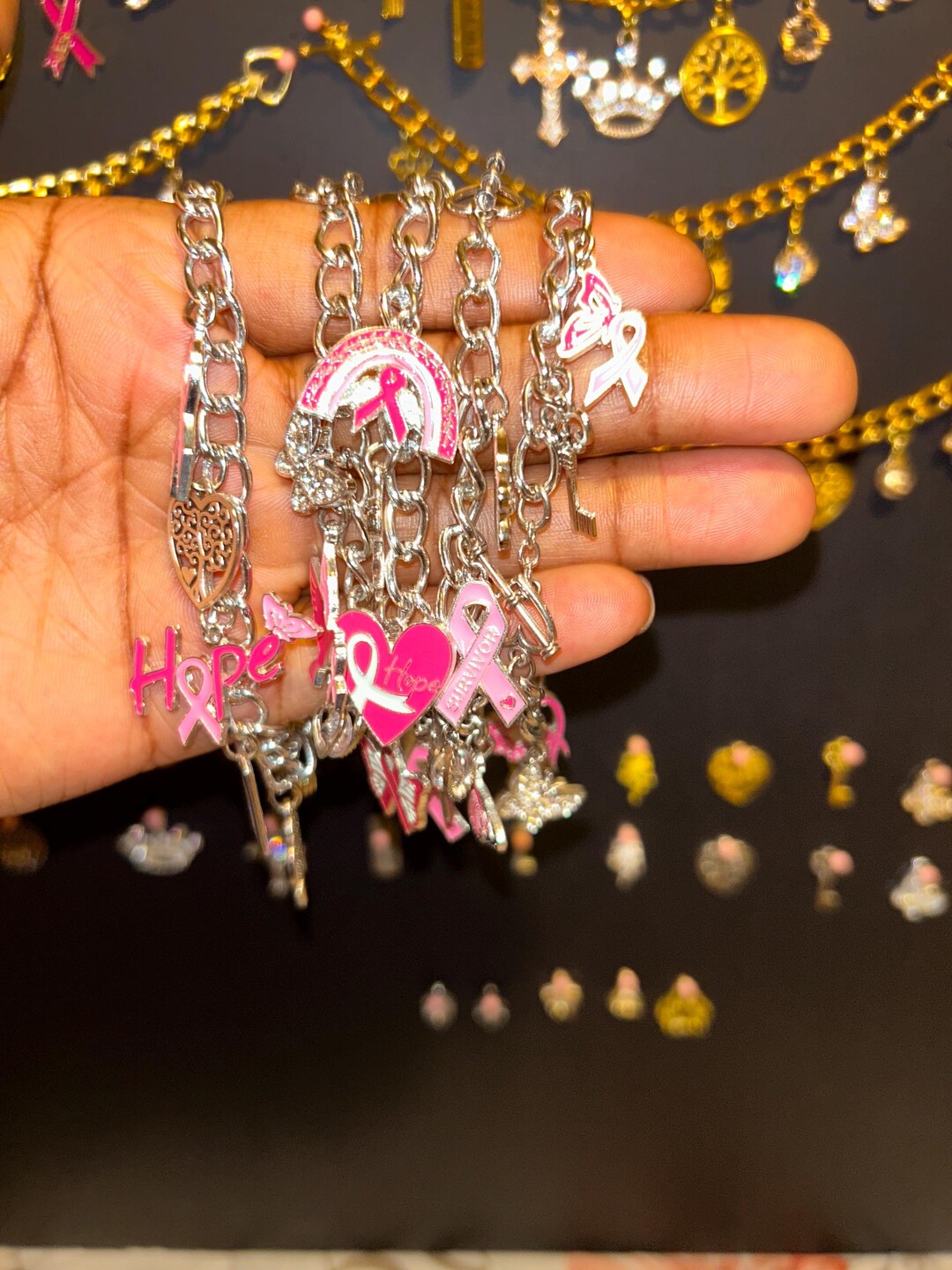 Personalized Breast Cancer Awareness Bracelet, Pink Breast Cancer Charm ...