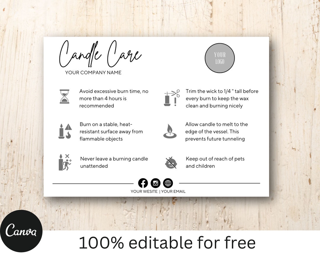 Candle Care Card Editable Template | Printable Candle Instructions ...