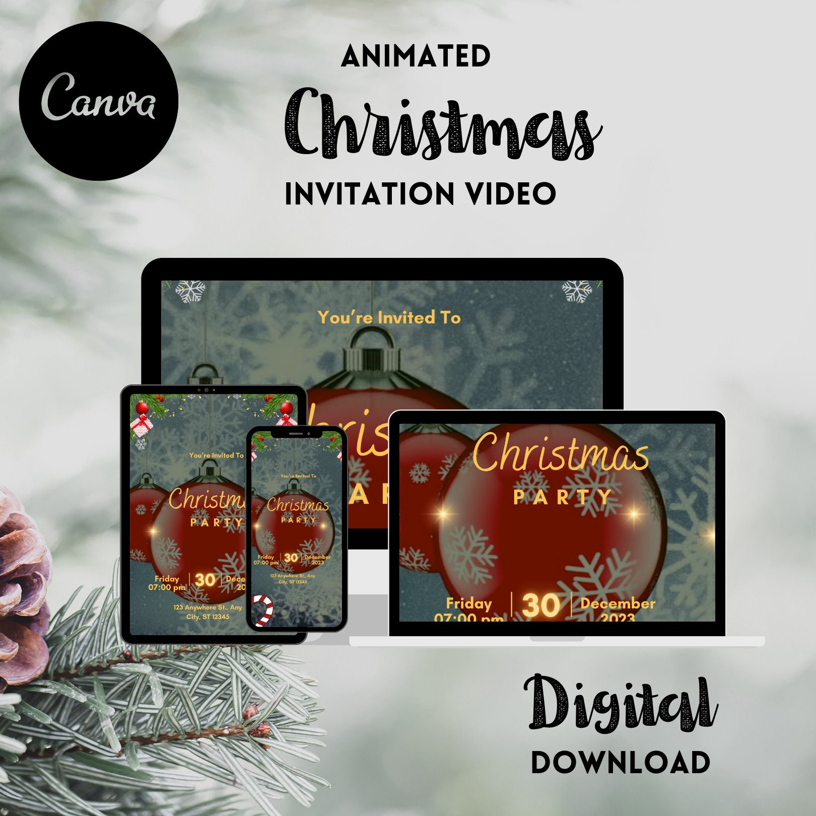 Animated Christmas Party Invitation, Holiday Dinner E-invite, Editable ...