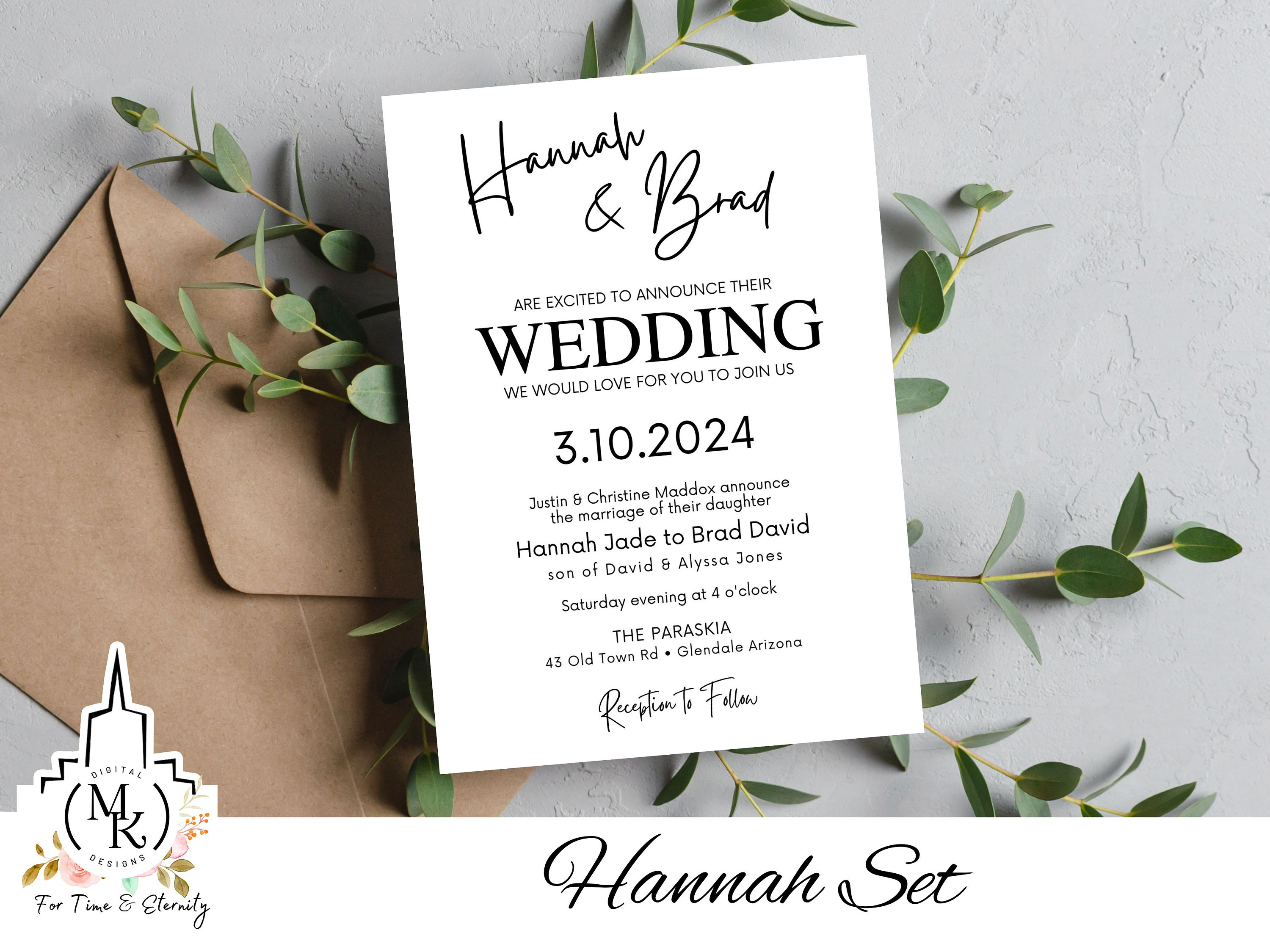 Editable Wedding Invitation Set- Hannah, Marriage Announcement, Save ...