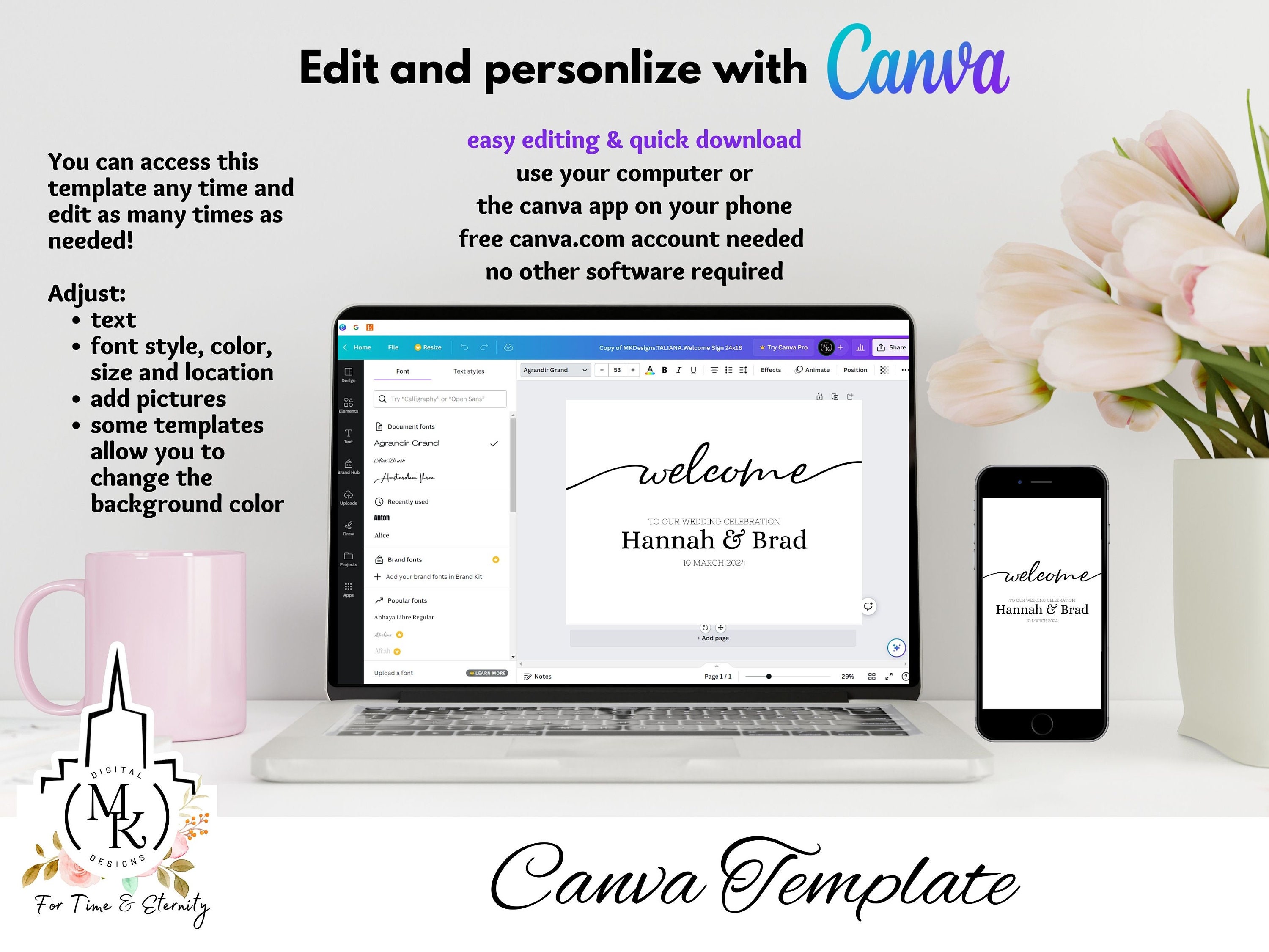 Editable Wedding Welcome Sign- Hannah Set, Monochrome, Customize ...