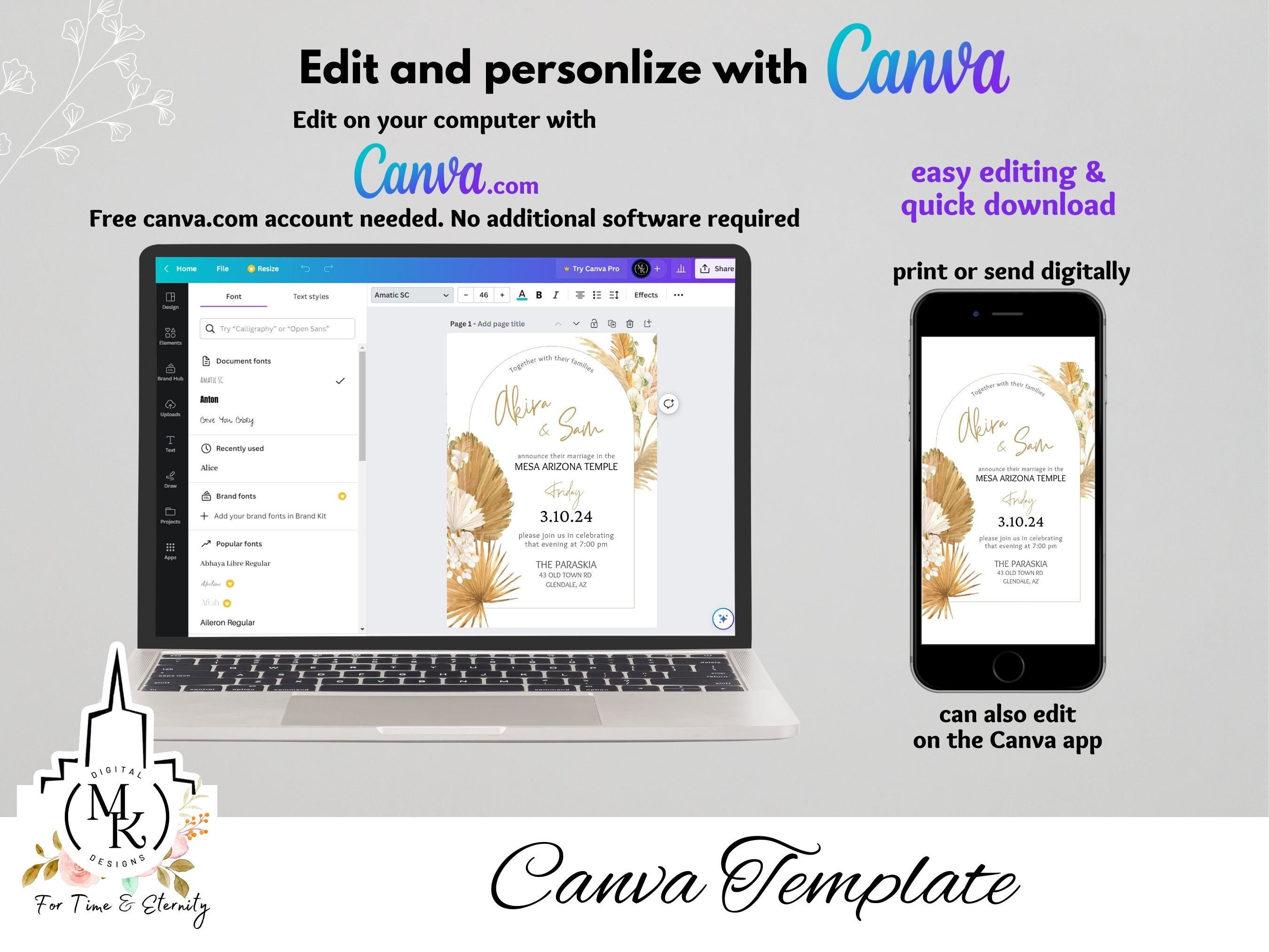 LDS Wedding Invitation Akira Set, Temple Marriage Announcement, Boho ...